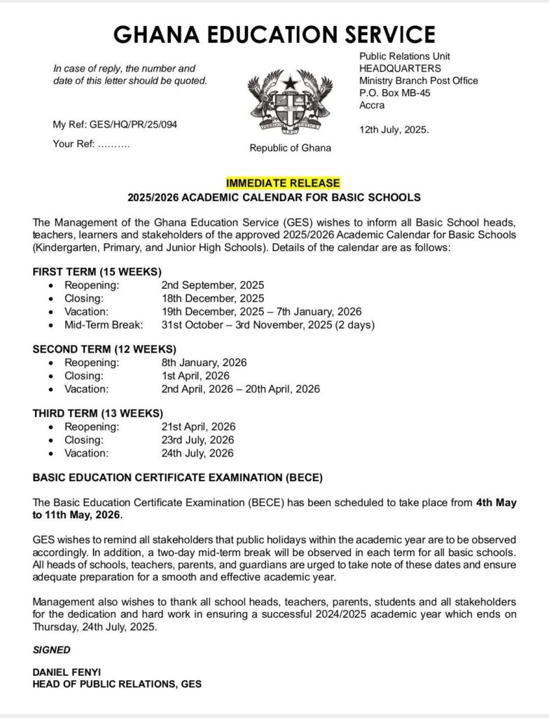 GES Releases 2025/2026 Academic Calendar for Basic Schools – Accra Mail
